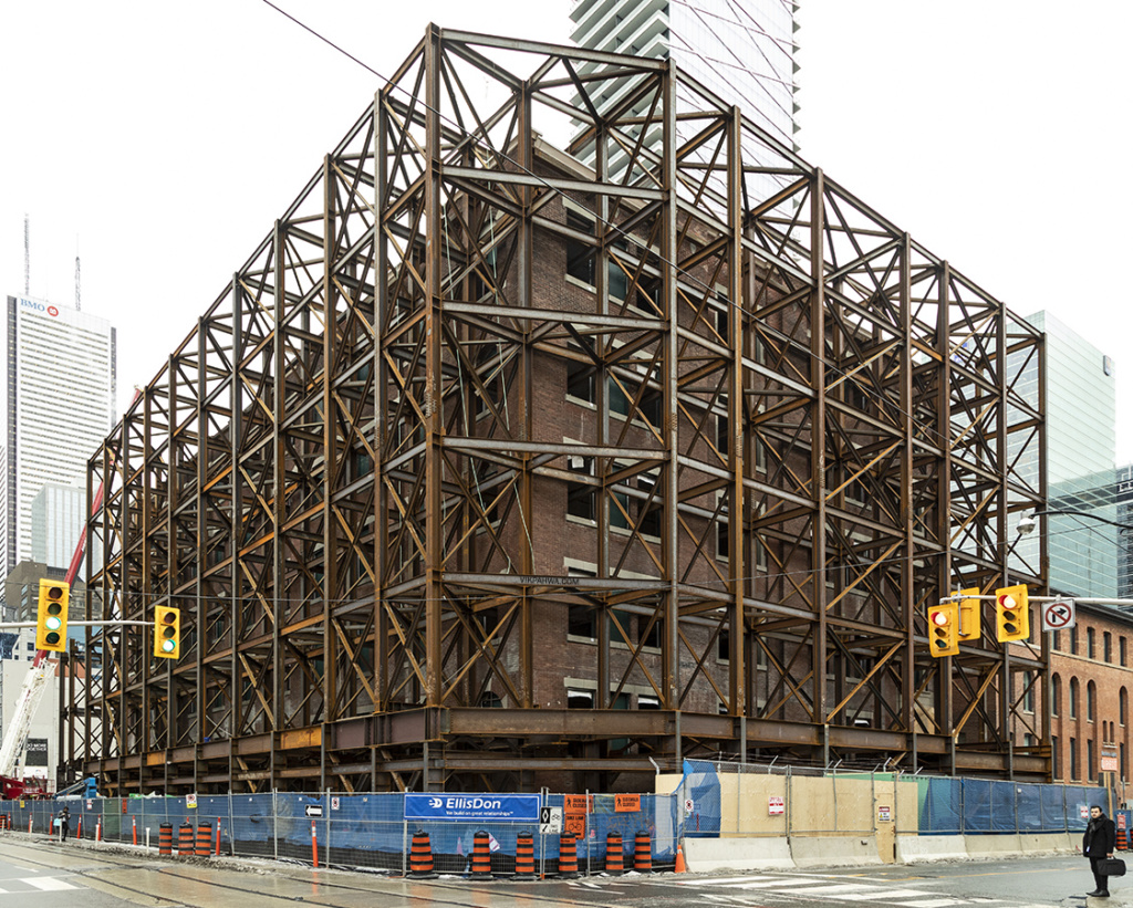 20190124. A steel support structure secures the north and west facades ...