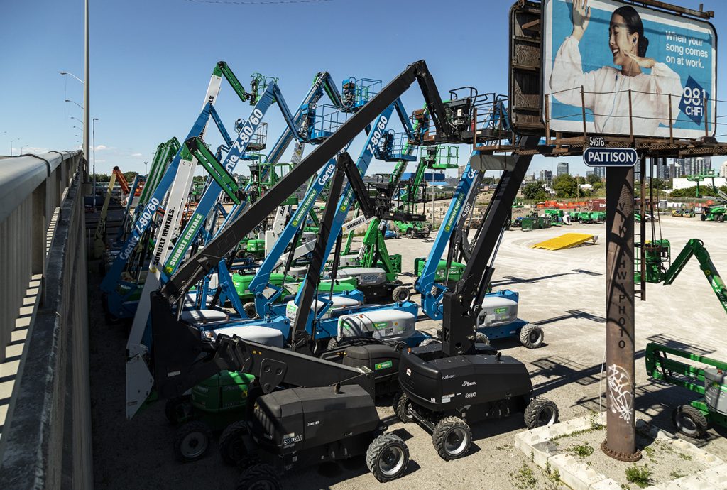 20200616. A tribe of telescopic boom lifts at Sunbelt Rentals ...